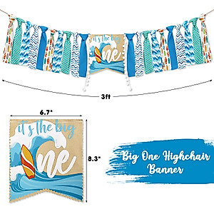 Vansolinne The Big One Highchair Banner 1st Birthday Boy Summer Beach Surf Birthday Party Decoration Baby First Blue Topper Cake Smash Party Decor Supplies Cute Photo Props Crown
