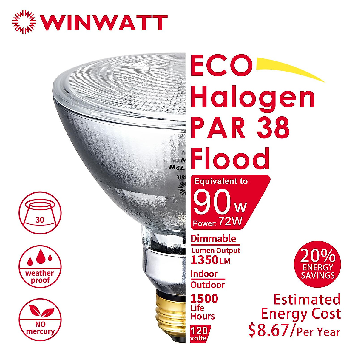 WinWatt PAR38 Flood 25-Deg. 72W, 12 Pack 90W Eq. EcoPAR Halogen Light Bulb E26 Dimmable 2950K CRI100 120V 72W (Count of 12)