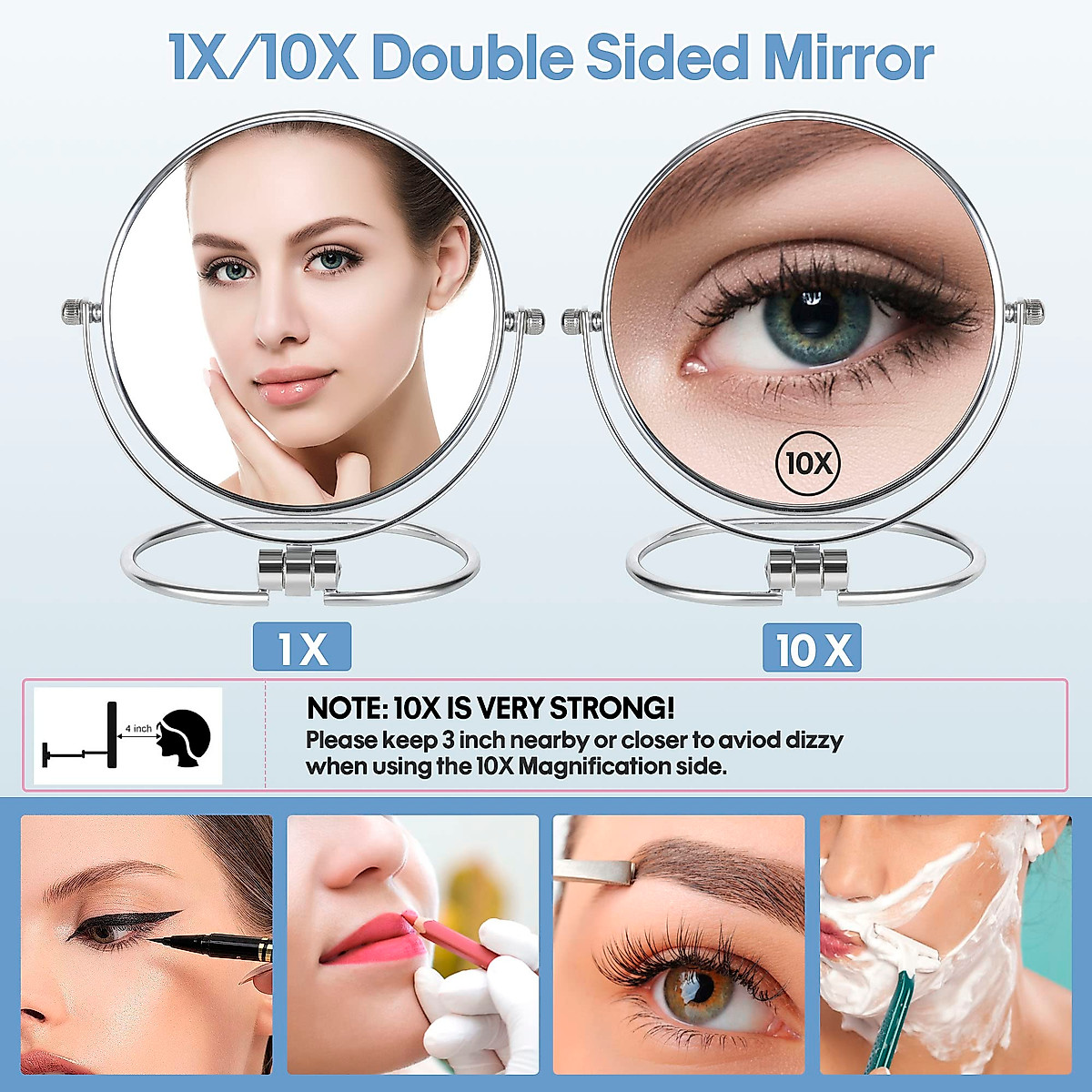 Portable Folding Travel Makeup Mirror,1X/10X Magnifying Vanity Mirror,6” Double-Sided 360° Swivel,Handheld & Wall Hanging Metal Mirror for Home and On-the-Go Use,Travel Storage Bag Included,No Light