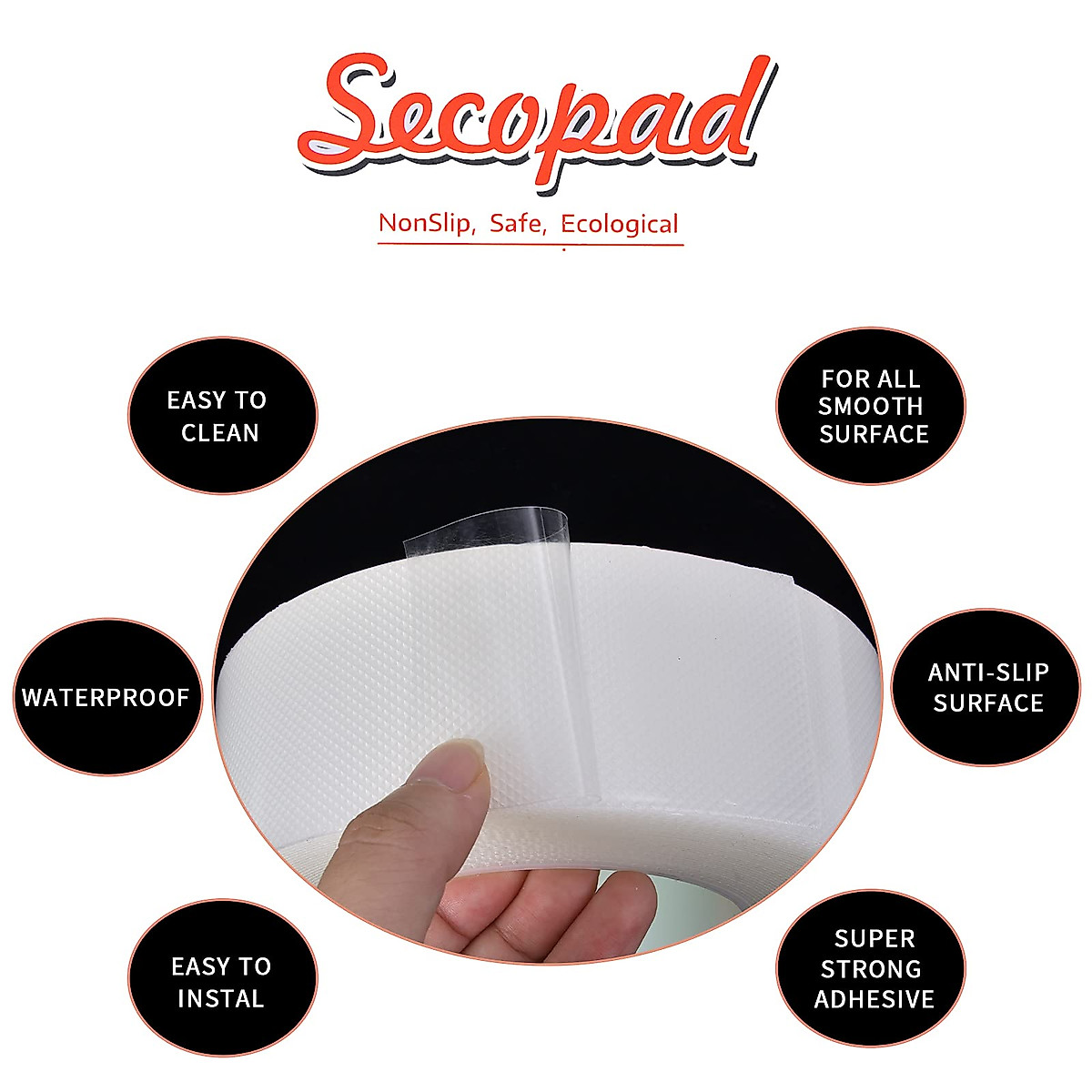 Secopad Anti Slip Tape, Clear Non-Slip Traction Grip Tape for Stairs, Bathtubs, Pools, Boats, 2In x 38Ft Transparent Waterproof Adhesive Staircase Step Treads, Soft, Comfortable for Bare Feet