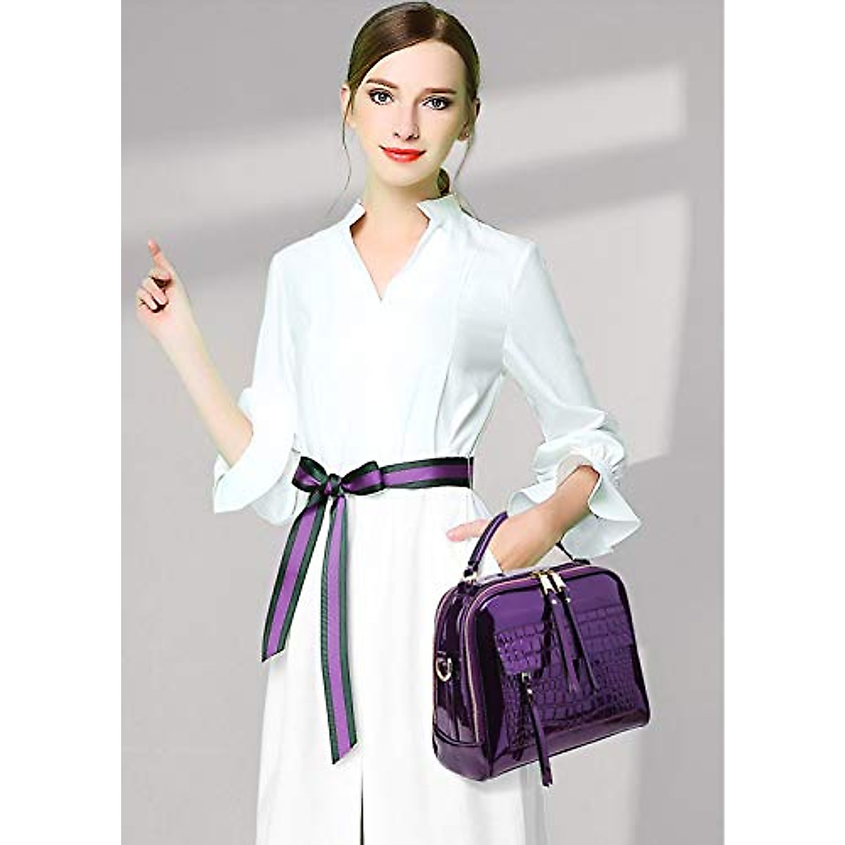 Chikencall Women’s Patent Leather Handbag and Purses Crocodile Pattern Shell Shoulde Bags Ladies Satchels Crossbody Bag Purple