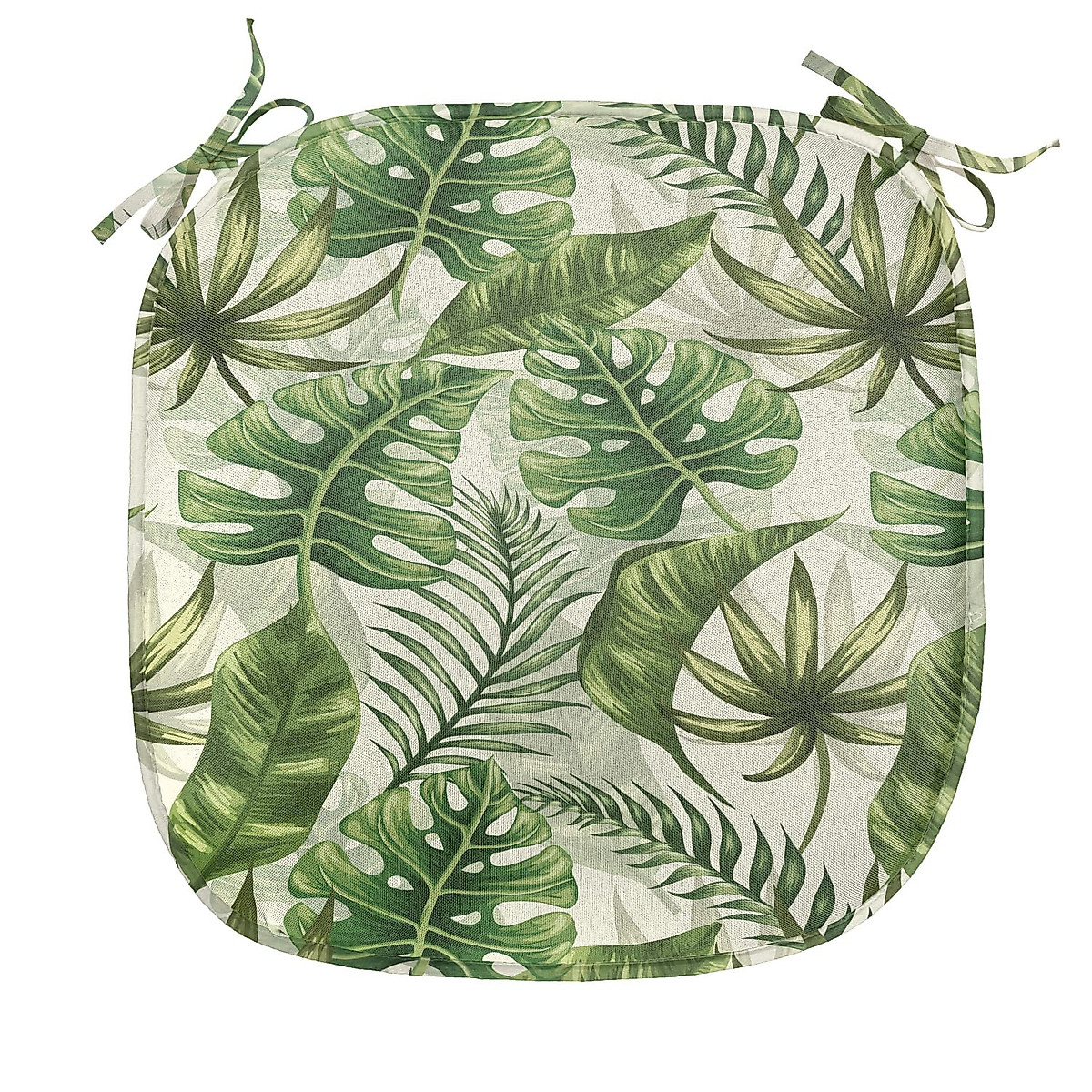 Lunarable Tropical Chair Seating Cushion Set of 2, Rainforest Island Jungle Foliage Pattern Green Leaves Retro Nature, Anti-Slip Seat Padding for Kitchen & Patio, 16"x16", Green Olive Green Cream