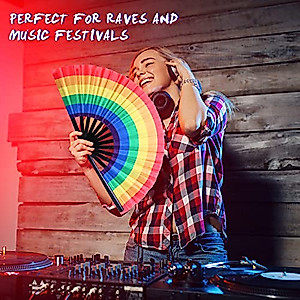 Gionforsy 2pcs Rave Hand fan Bamboo Holding Hand Fan Large Folding Fan with Bright Color Fabric Folding Fan for Festival (Style-2)