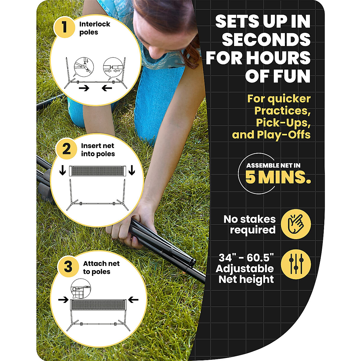 BOULDER Sports Pickleball Paddles & Badminton Set for Backyard - Includes 4 Rackets, 2 Pickleball Paddles, 3 Shuttlecocks, 2 Pickleballs & 2 Travel Bags - Easy Setup Volleyball & Racket Sports Net