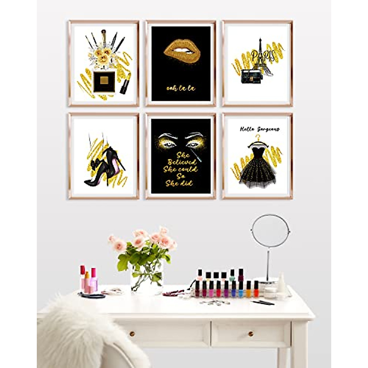 Paris Decor For Bedroom Vanity Decor Poster Black Girl Wall Art Fashion Wall Art Black Gold Set Of 6 Pink Bedroom Wall Decor For Women Teen Girls Room DéCor Preppy Wall Decor (8" X10" Unframed)