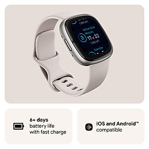 Fitbit Sense 2 Advanced Health and Fitness Smartwatch with Tools to Manage Stress and Sleep, ECG App, SpO2, 24/7 Heart Rate and GPS, Lunar White/Platinum, One Size (S & L Bands Included)