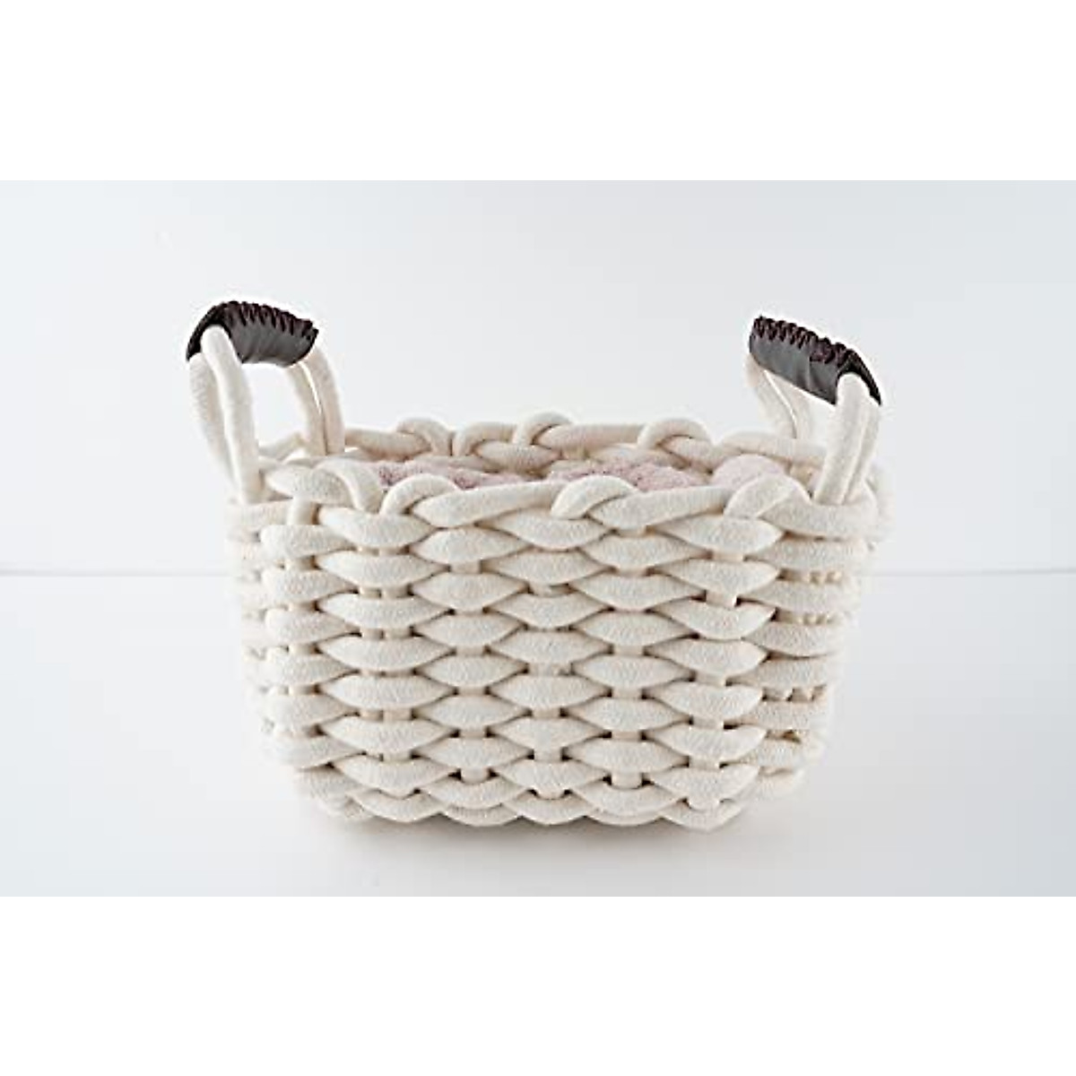 StorageDoctor Small Cotton Rope Basket Decorative Woven Basket Collapsible Nursery Hamper with Handles for Laundry, Towels,Books,Keys,Storage Basket (White, 8.5"x6.5"x6")