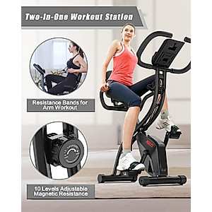 Folding Exercise Bike with Arm Resistance Bands, Magnetic Upright Indoor Cycling Bike Stationary for Home Gym & Cardio Workout