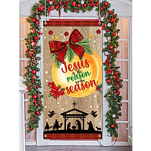 Jesus Is The Reason for The Season Banner, Baby Jesus Christmas Door Decorations,Willow Red Bowknot Holy Nativity Scene Backdrop for Xmas village background Winter Holiday Party Supplies