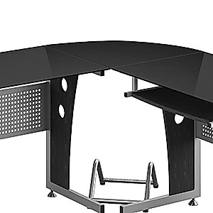 HOMCOM L-Shaped Corner Computer Desk Gaming Table Home Office Workstation Glass Top P2 MDF with Keyboard Tray - Black