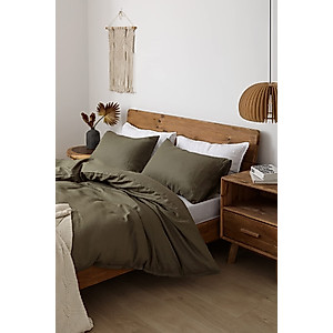 XZ XIFA 100% Natural French Flax Linen Duvet Cover King, Olive Green Cooling Duvet Cover Set, Soft,Textured,Lightweight,Fluffy Linen Bedding Cover Set for Hot Sleepers(1Duvet Cover,2Pillowcases)