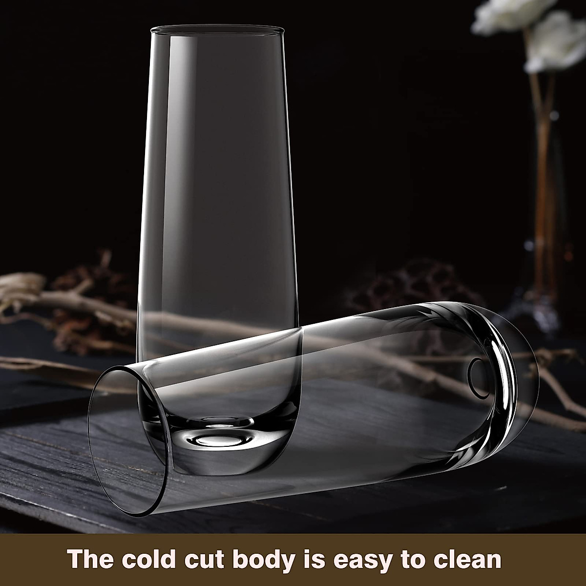 Yaschmo Stemless Champagne Flutes Set of 4，Hand Blown Crystal Glasses, 10.2oz Champagne Glasses, Prosecco Wine Flute, Cocktail Glasses, Mimosa glasses, Highball Glass, Water Glasses, Bar Glassware