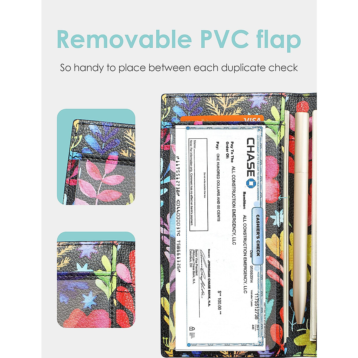 Zreal Checkbook Cover for Men & Women, Premium Vegan Leather Checkbook Holder Slim Wallets for Top & Side Tear Duplicate Checks with RFID Blocking (Flower)