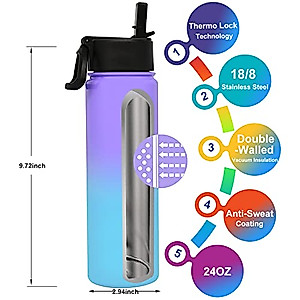Akyta 24 OZ Water Bottle, Sports Vacuum Insulated Water Bottle with Straw lid, Keep Water cold/Hot, Double Walled Stainless Steel, Leakproof Wide Mouth Thermos Metal Water Bottles for Hiking Biking