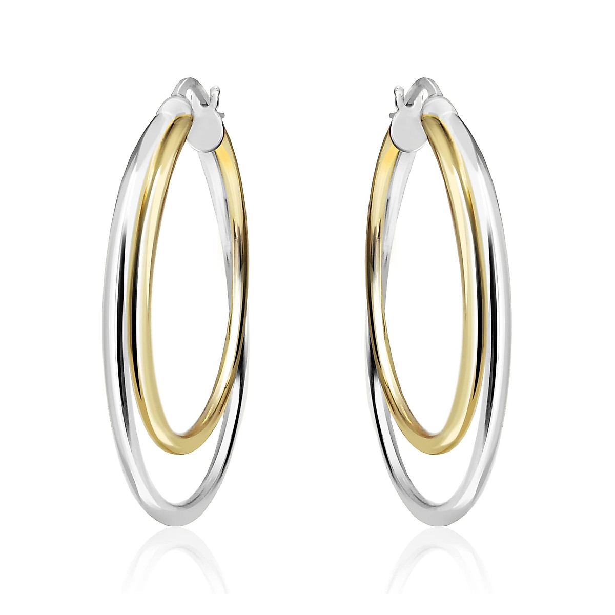 Sterling Silver Two-Tone Double Circle Round-Tube Polished Hoop Earrings, 30mm