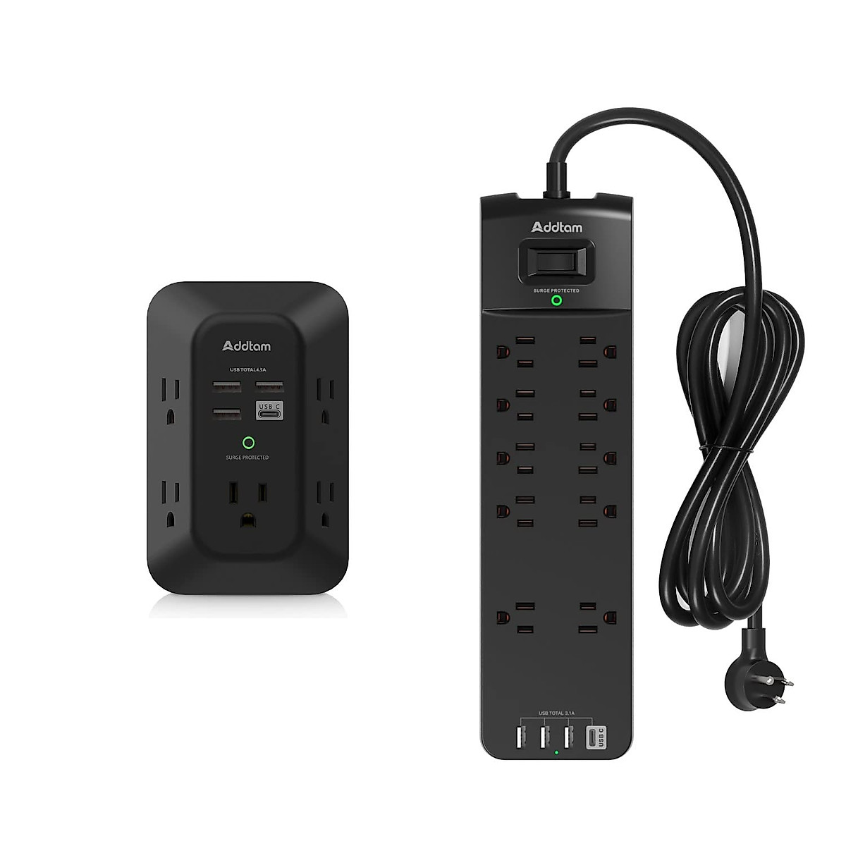 Black USB Wall Charger Surge Protector, 5 Outlet Extender with 4 USB Charging Ports (1 USB C) & Power Strip Surge Protector with 10 Outlets and 4 USB Ports