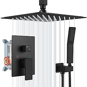 Aolemi Ceiling Mount Shower System, 12 Inch Rain Shower Head with Handheld Spray High Pressure Shower Faucet Set Rough-in Valve and Shower Trim Included Bathroom Matte Black Square Knob