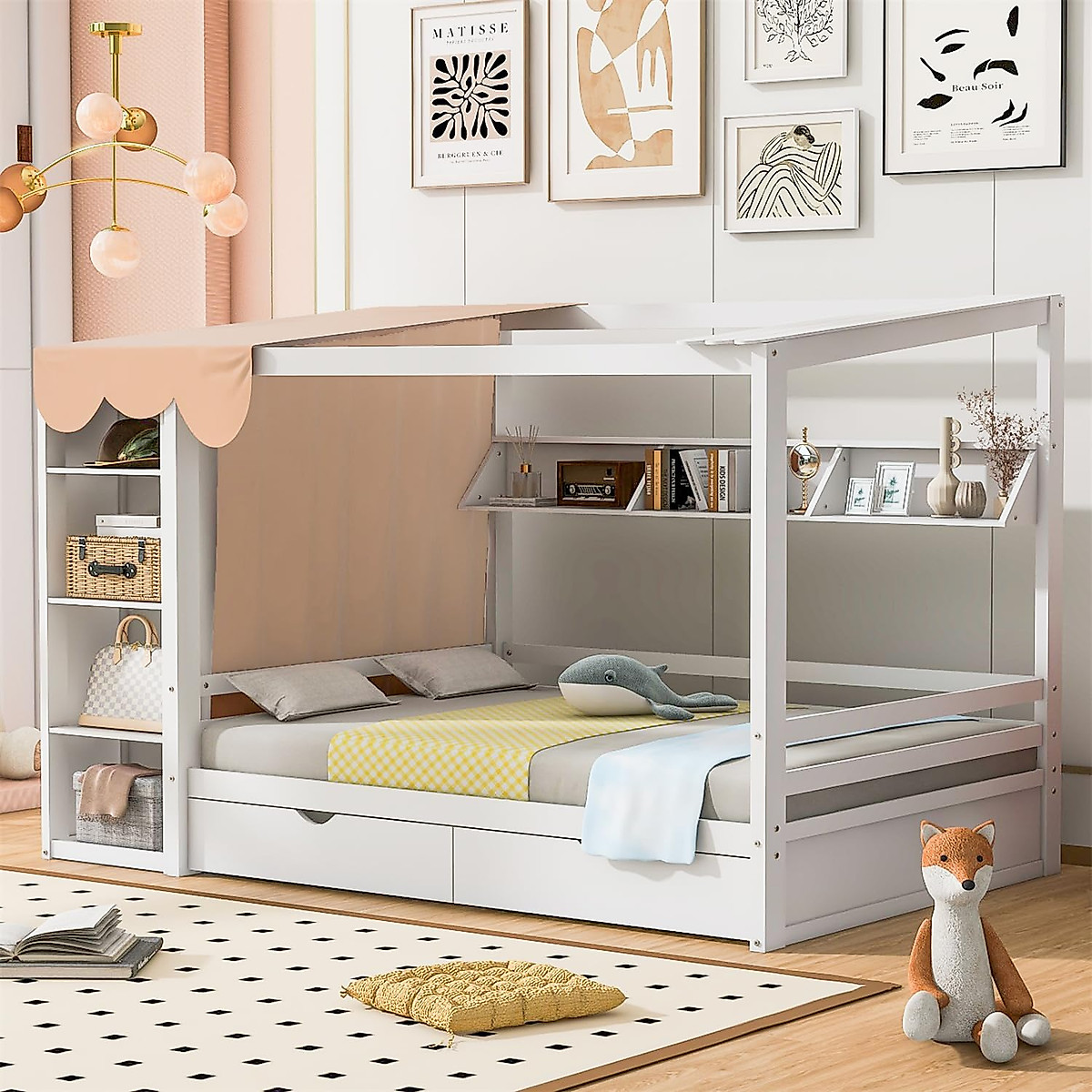 Linique Full Size House Bed with Wardrobe, Storage Drawers and Bookshelf, Solid Wood Bed Frame with Tent, White
