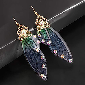 HELPFLOWER CH Handmade Fairy Simulation Butterfly Wing Earrings Foil Rhinestone Earring Romantic Jewelry,Golden Green