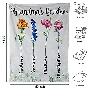 Personalized Grandkids Names Fleece Sherpa Throw Blankets Grandma's Garden Blanket Custom Birth Month Flowers Blanket Birthday Gifts for Grandma Nana Mimi Gigi Grandmother