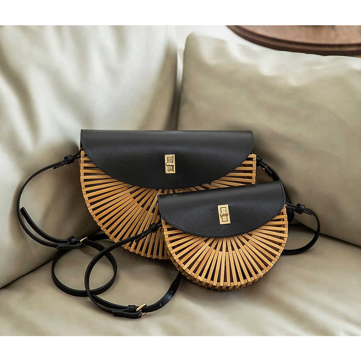 RULER TRUTH Handwoven Bamboo Bag Summer Straw Purse Crossbody Bags for Women Natural Bamboo Bag with Leather Strap, Women's Handmade Beach Purse Wicker Beach Bag Basket Purse Adjustable Strap