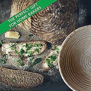 HOMEADOW Banneton Bread Proofing Basket For Rising Dough- 8 Pcs Kit: 10 inch Oval Brotform, Linen Liner, Bread Lame, Bench Scraper, Dough Scraper, Stencils, Silicone Baking Mat, Bread Bag | Sourdough