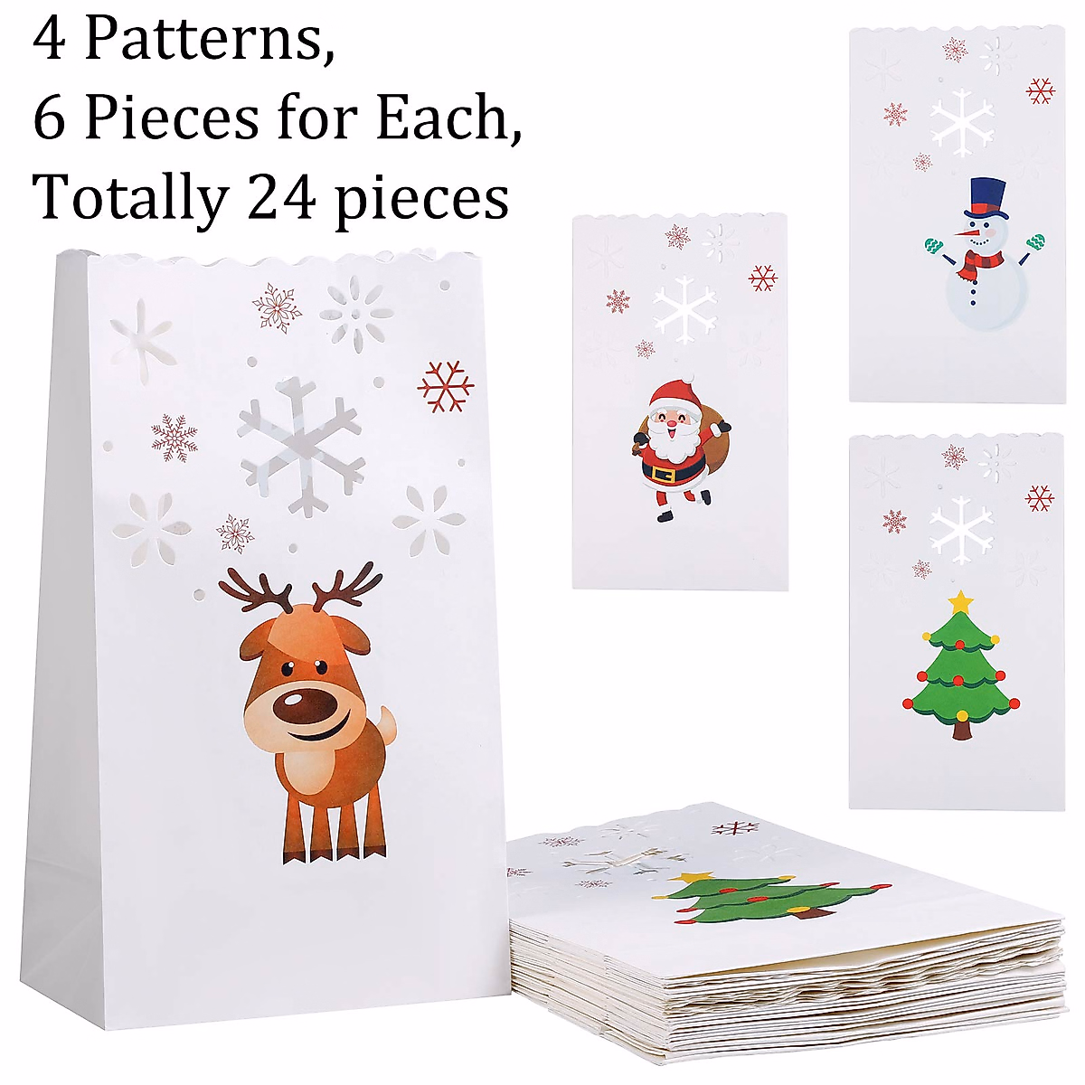 URATOT 24 Pieces White Luminary Bags Paper Luminaries Lantern Flame-Resistant Candle Bags with 4 Styles Christmas Designs for Home, Christmas, Outdoor, Party Decor