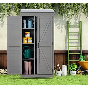Outdoor Wooden Storage Shed with Metal Top, Tall Vertical Tool Cabinet for Backyard Garden Patio Lawn