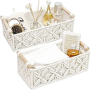 Macrame Storage Basket Boho Decor Baskets for Organizing Woven Decorative Basket for Countertop Toilet Paper Basket for Tank Top for Home Decor Bedroom Nursery Livingroom Entryway (Set of 2)