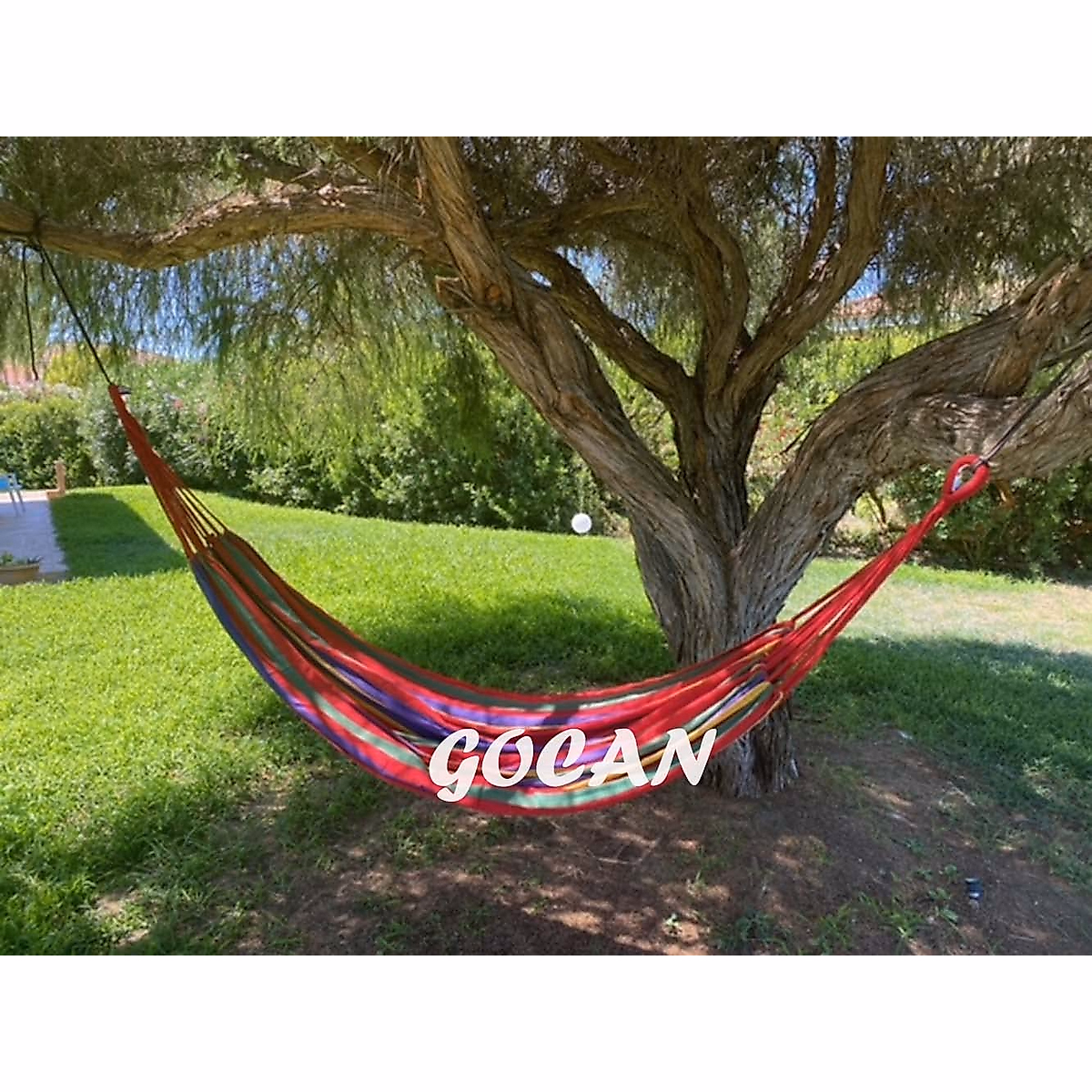 GOCAN Brazilian Double Hammock 2 Person Extra Large 220x160cm Total Length 330cm Load 500lb Canvas Cotton Hammock for Patio Porch Garden Backyard Lounging Outdoor and Indoor(Rainbow) XXL