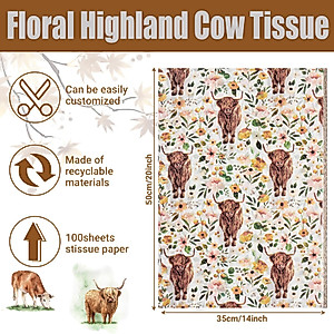 100 Sheets 20 * 14 Inches Floral Highland Cow Tissue Paper for Gift Bags, Boho Flower Gift Wrapping Tissue Paper for Birthday Wedding Baby Shower Cow Themed Party DIY Craft