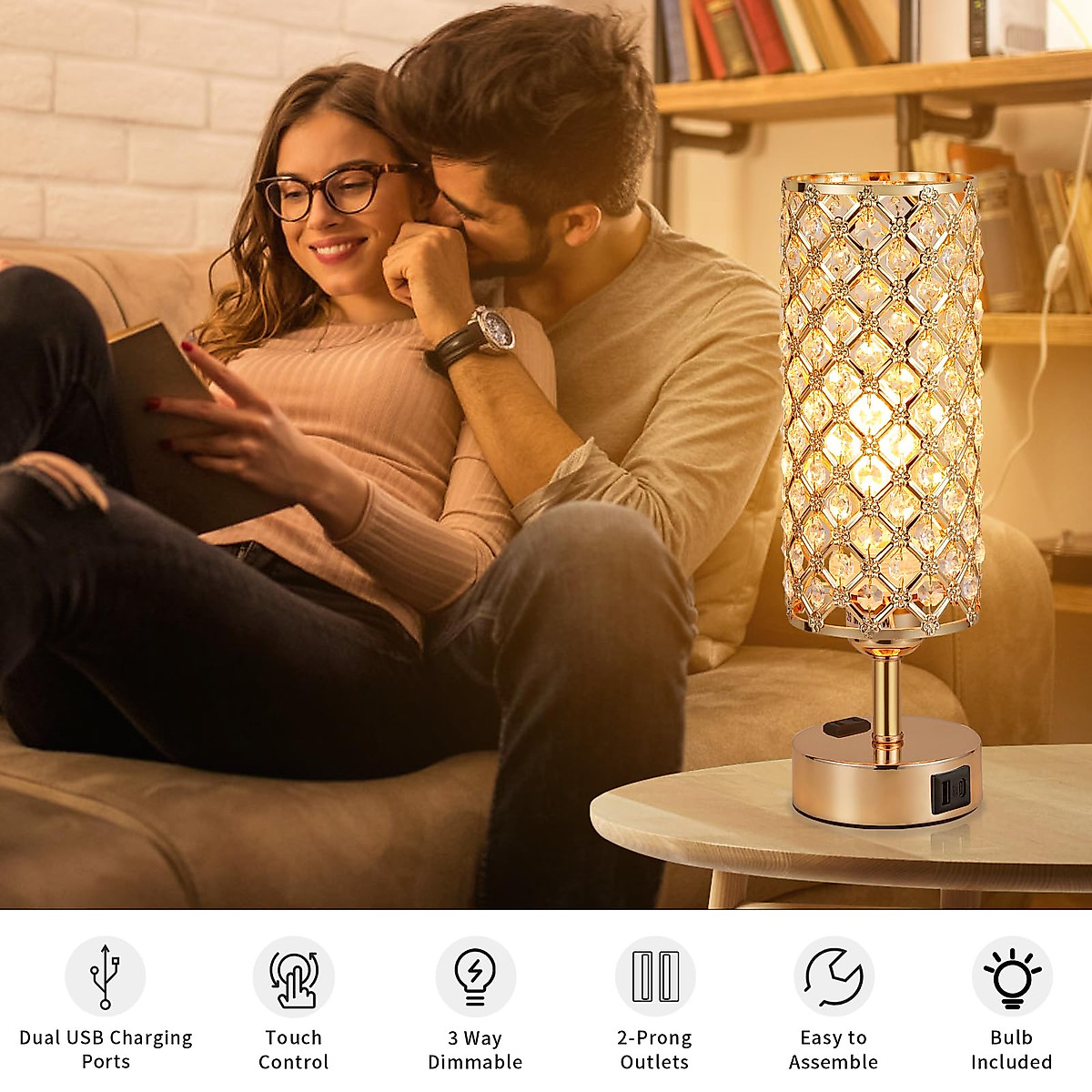 Hong-in Crystal Table Lamp, Gold Lamp for Bedroom with USBC-A+ AC Charging Ports, 3 Way Dimmable Light with Crystal Lampshade, Bedside Lamp Touch Light for Girl Room, Charge Phone (Bulb Included)