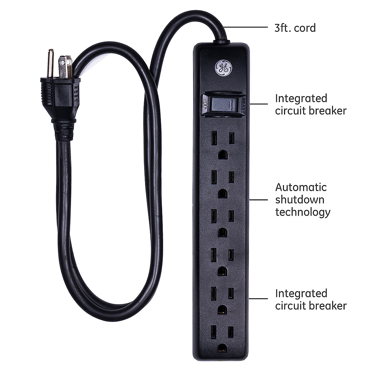 GE 6 Grounded Outlet Surge Protector, 450 Joules, 2 Pack Power Strip, 3 Ft Long Extension Cord & 6 Outlet Power Strip, 6 Ft Cord, Wall Mount, Integrated Circuit Breaker, 120VAC, 15A, 1800W, Black