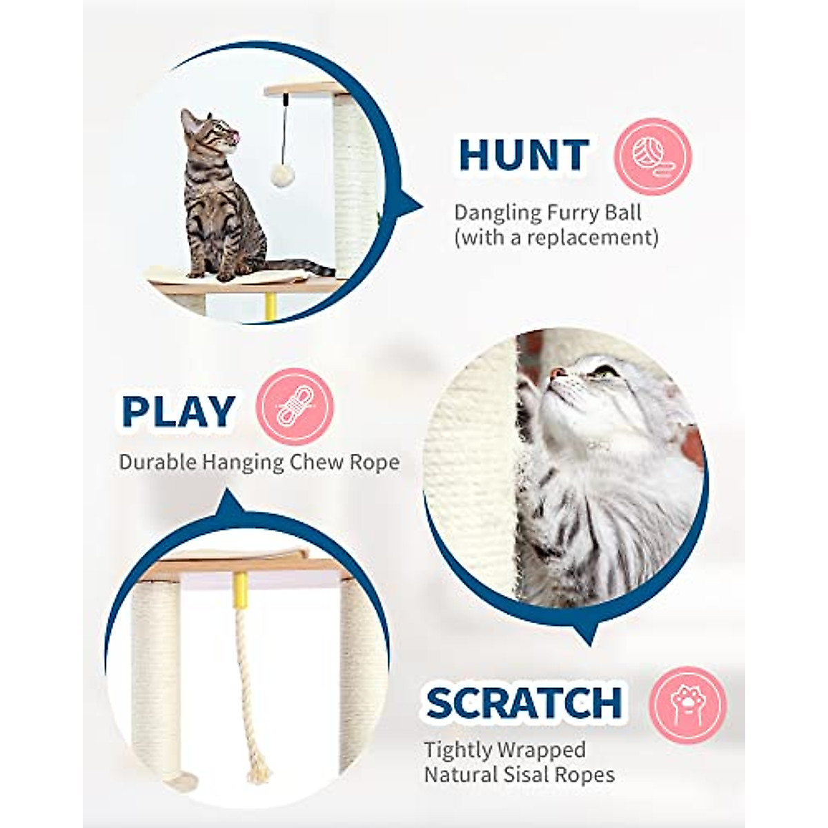 Made4Pets Cat Tree Cat Tower for Indoor Cats 65.6 Inches Modern Wood Cat Condo with Scratching Post for Large Cats Climbing, Multi-Level Tall Cat Tower Tree House with Hammock for Kitten Play and Rest