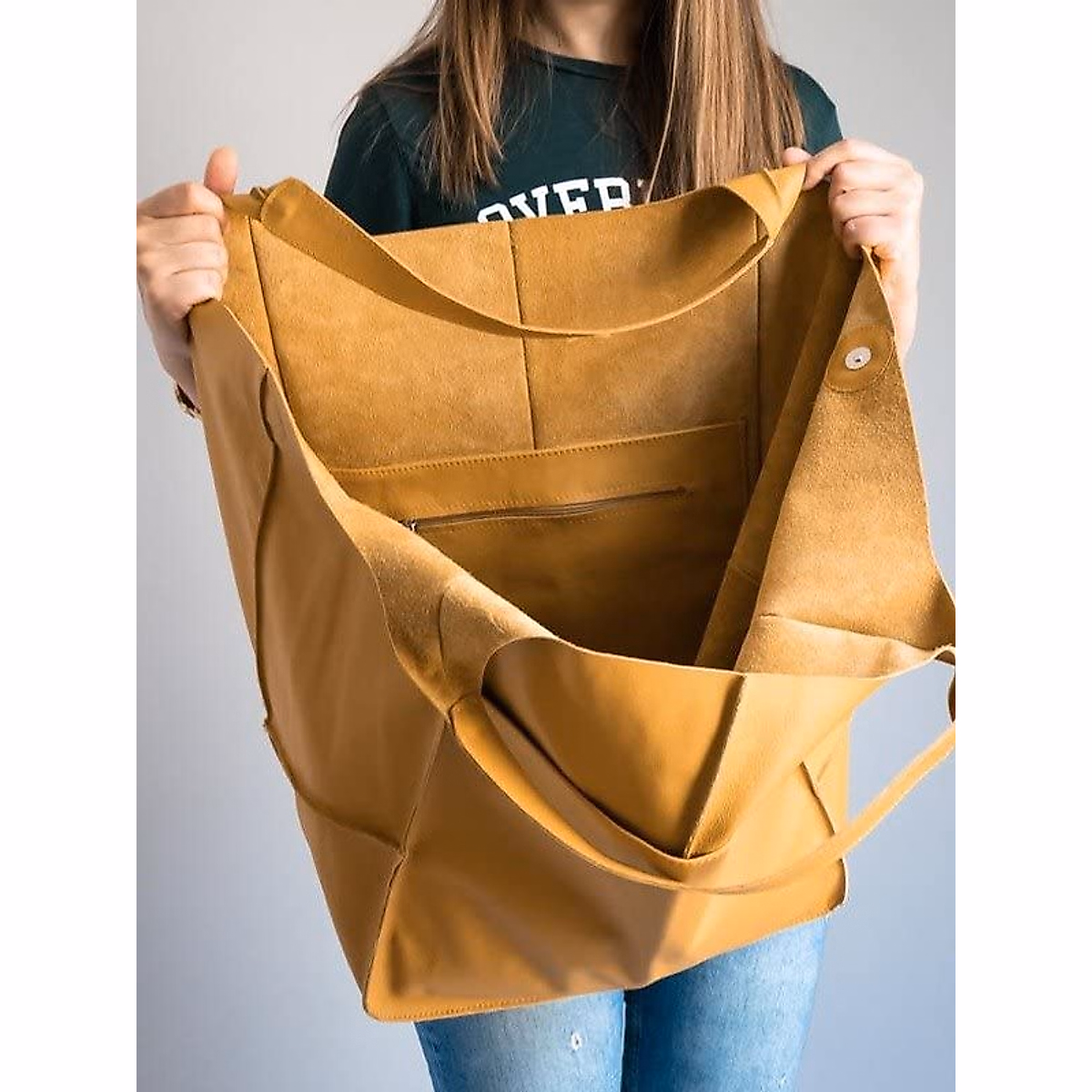 Women Oversize Weekender Handbags - PU Leather Tote Bag - Retro Style Tote Bag - One-Shoulder Handbag Shopping Bag - With Pocket (Yellow)