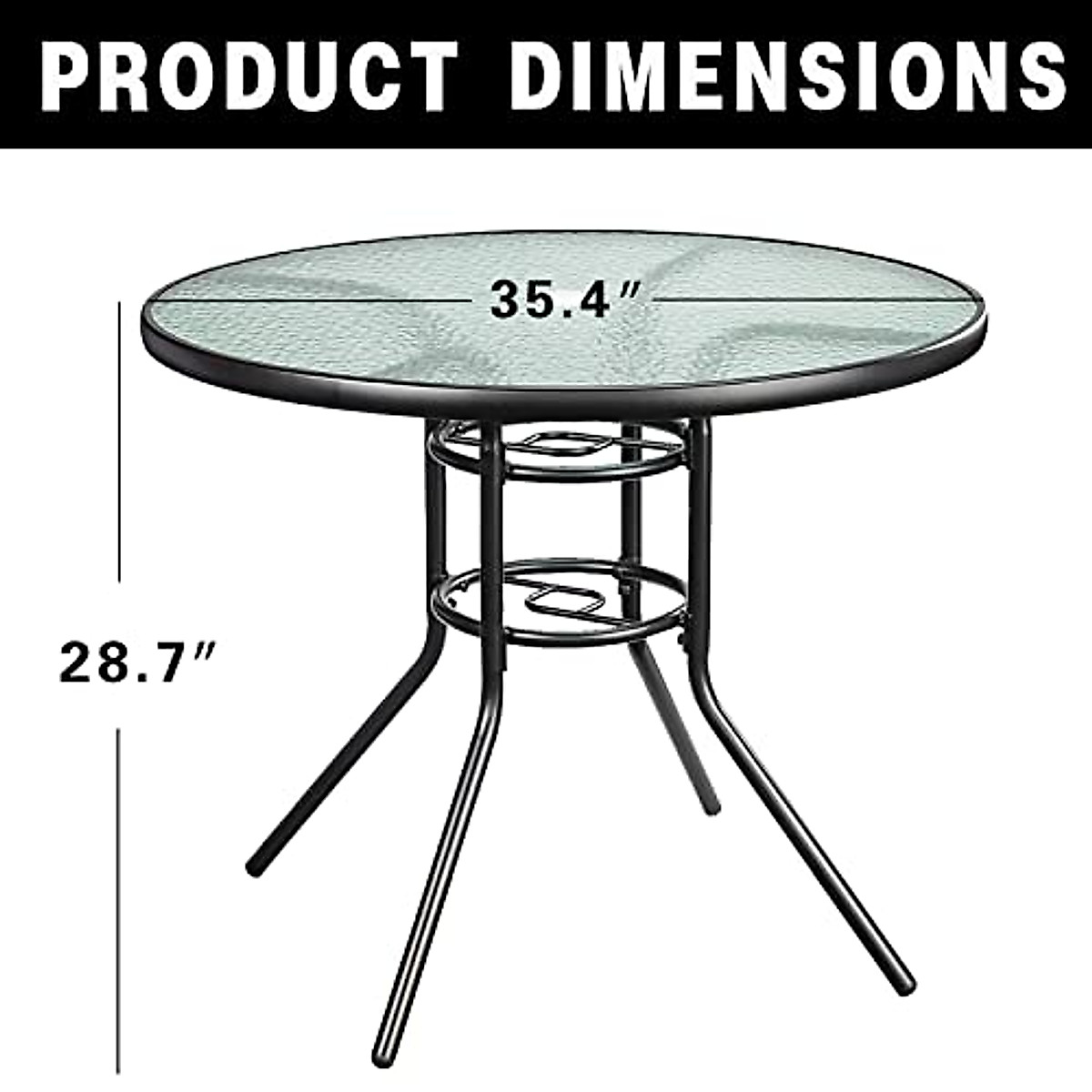 35.4"Outdoor Bistro Table Round Patio Dining Table Coffee Table Side Table with Umbrella Hole, Outdoor Indoor Banquet Furniture with Metal Frame and Glass Top for Garden Backyard Porch Lawn Deck,Black