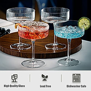 wookgreat Vintage Art Deco Coupe Glasses, Set of 6 Ribbed Coupe Cocktail Glasses, 10 oz Classic Martini Glasses, Elegant Hand Blown Manhattan Goblet for Bar, Martini, Cosmopolitan, Gimlet, Pisco Sour