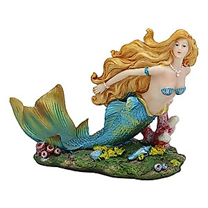 Ebros Nautical Coastal Beach Colorful Blonde Mermaid with Shimmering Blue Tail Swimming by Corals Wine Holder Display Figurine Resin Sea Siren Kitchen Decor Party Centerpiece Ocean Reef Nymph Statue