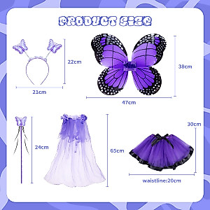 WILDPARTY Girl Fairy Costume Set with Butterfly Wings, Tutu, Magic Wand, Headband and Veil Costume Set for 3-8 Years Girl Dress up and Birthday Party Ballet Dance (Spotty Purple)