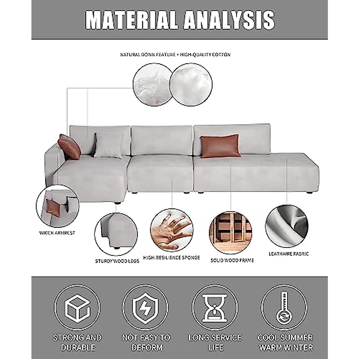 JACH 145" Modular Leathaire Large Sectional Sofa with Chaise, L-Shaped Faux Leather 5 Seater Minimalist Couch, Modern Right Hand Facing Sectional Sofas with 3 Throw Pillows (Beige)