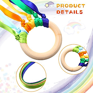 12 Pcs Rainbow Ribbon Wooden Waldorf Toys Creative Waldorf Hand Kite Set Streamers with Wood Ring Sensory Learning Educational Toy for Playroom Dancing Birthday (Bright)