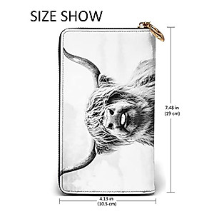 Fashion Black And White Highland Cow Animals Genuine Leather Wallet Zip Around Card Holder Organizer Clutch Wallet Large Capacity Purse Phone Bag Gifts For Men Women Adult