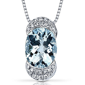 PEORA Aquamarine and Diamond Pendant for Women 14K White Gold, Designer Solitaire, Genuine Gemstone Birthstone, 1.75 Carats Oval Shape 9x7mm, with 18 inch Chain
