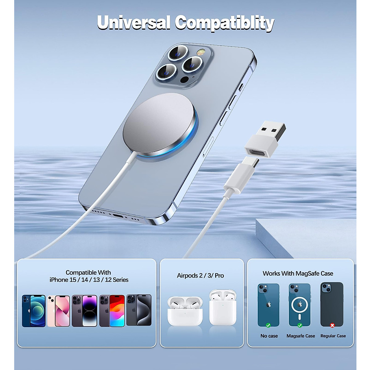 XEITIN Magnetic Wireless Charger 15W Fast Charging Apple MagSafe Charger for iPhone 15/14/13/12 Pro/Max/Plus/Mini and AirPods 3/2/Pro 2/Pro Portable Magnet Charger Pad with Dual Charging Ports