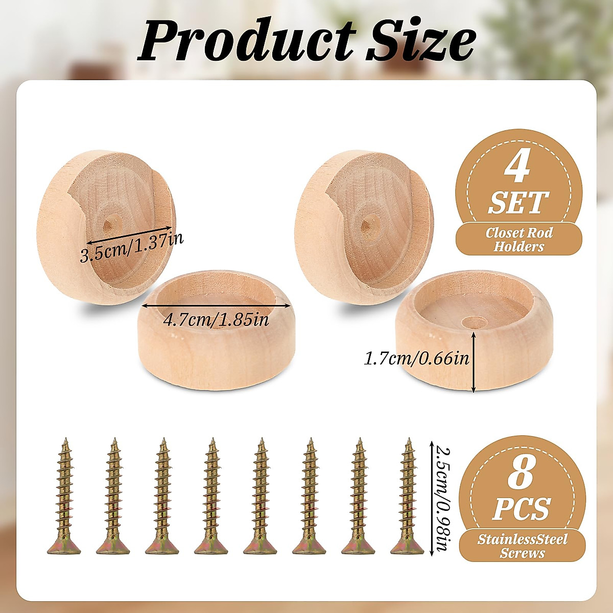 Wooden Closet Pole Socket, 4 Pack Closet Rod Holders Heavy Duty Closet Rod Support, 1-3/8" Pole Hanging Support U-Shaped Rod Brackets with Screws for Bedroom Wardrobe Bathroom Curtain Clothing Store