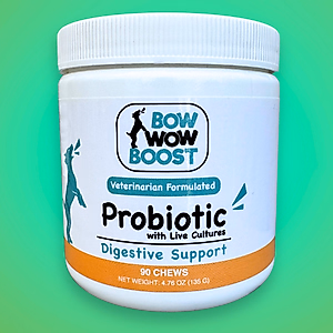 Bow Wow Boost: Dog Probiotic Treat Supplement with Live Cultures - Digestive Support - Premium Ingredients Created by Veterinarians - Soft Chews - All Ages Any Breed - 90 Count