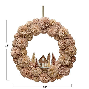 Creative Co-Op Round Pom Pom Wreath with Sisal Bottle Brush Trees and Paper House, Pink