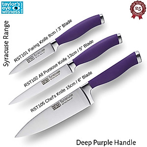 Taylors Eye Witness Syracuse Kitchen Knife 3pce Set - Paring 8cm/3.5”, Chefs 15cm/6” & Cooks All Purpose 13cm/5” Cutting Edge. Ultra Fine, Razor Sharp Blade. Soft Textured Grip Purple Colour Handle
