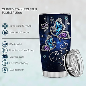 Wassmin Butterfly Tumbler Butterflies Gift For Women Girls Teen Jewelry Drawing Style Stainless Steel Insulated Tumblers Coffee Travel Mug 20oz Cup With Lid Birthday Christmas Presents