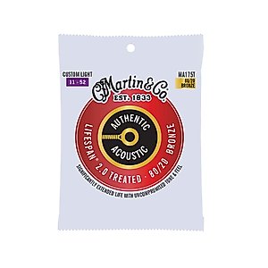 Martin Authentic Acoustic Guitar Strings, Lifespan 2.0 Treated, Custom Light, 80/20 Bronze